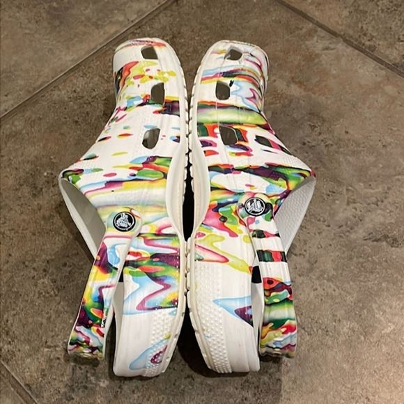 CROCS | Shoes | Crocs White Watercolor Paint Drip Slipon Clog Sandals ...